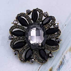 SELOVO Color Black Brooch Pin Marquise Flower Dress Accessory Gold Tone