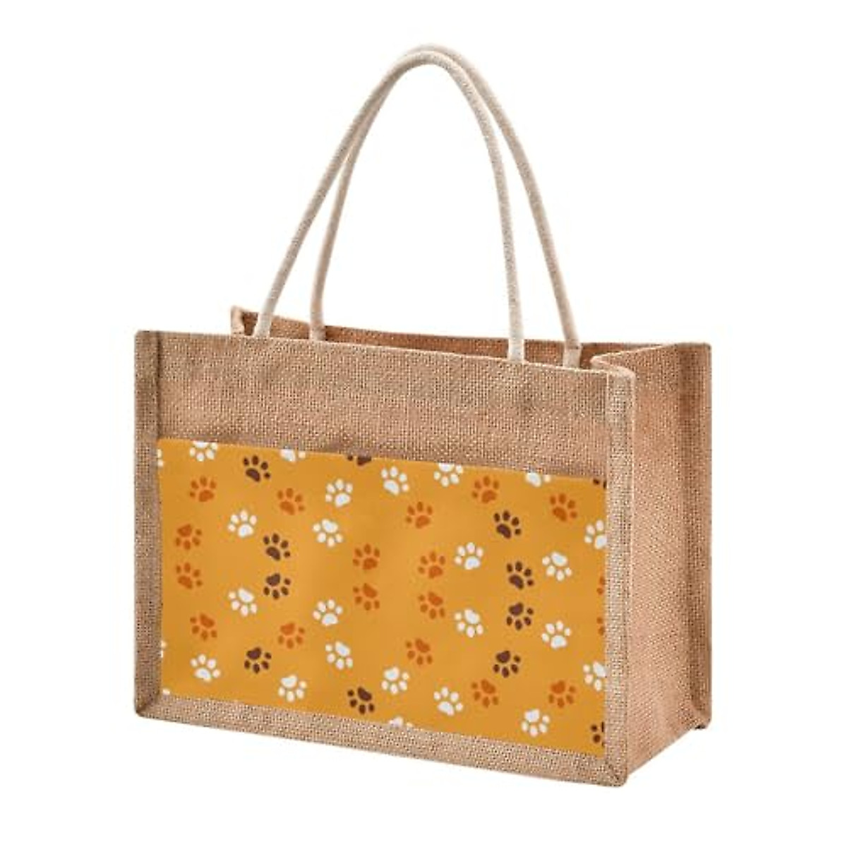 Jute Tote Burlap Bag Orange Footprints Dog Cat Dots Cartoon Autumn Thanksgiving Day Gift Bag Women DIY Work Grocery Storage Bag