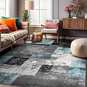 Rugshop Contemporary Abstract Boxes Stain Resistant High Traffic Living Room Kitchen Bedroom Dining Home Office Area Rug 8'x10' Blue