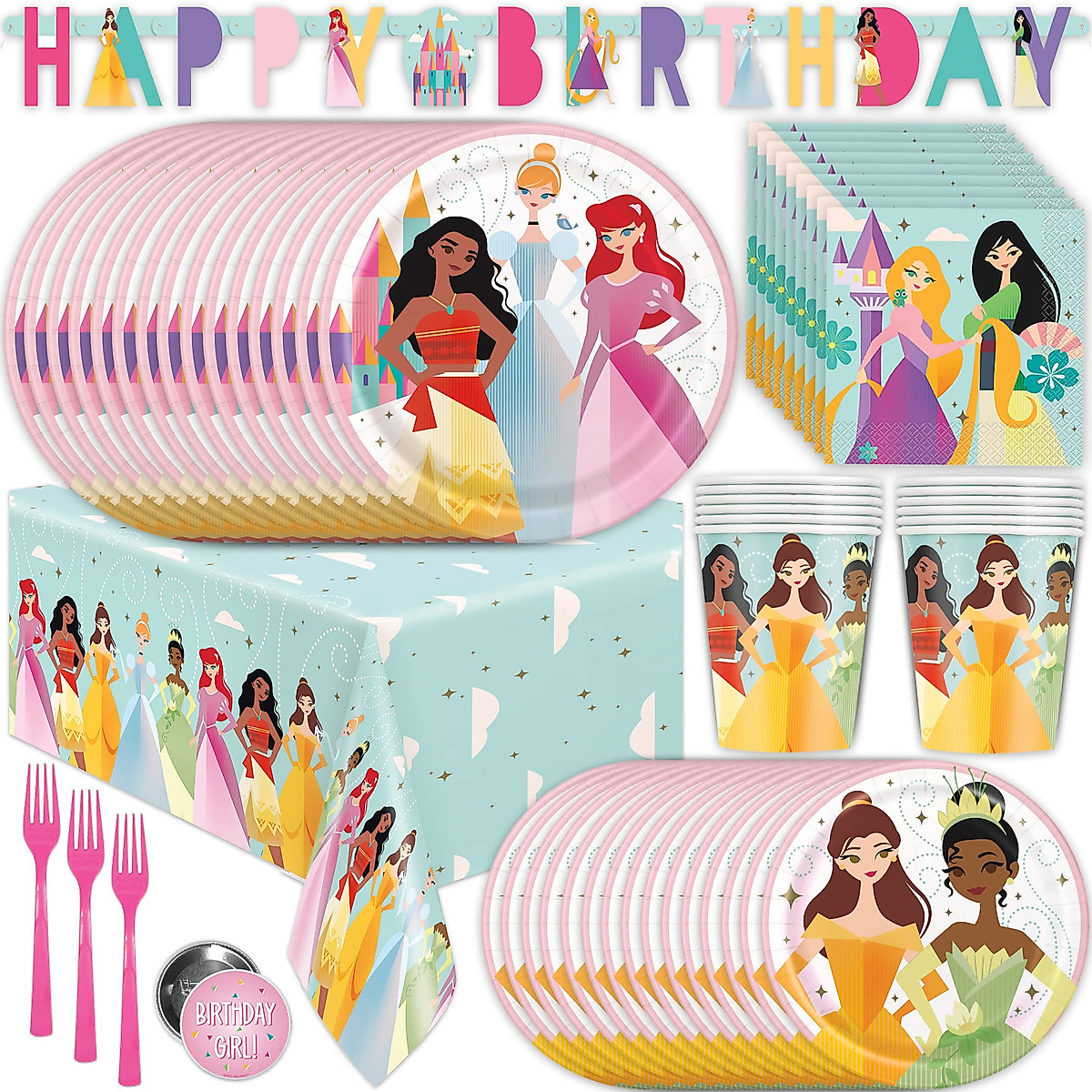 Disney Princess Birthday Decorations Set | Disney Princess Party Decorations | Disney Princess Party Supplies | With Tablecloth, Large Plates, Cake Plates, Napkins, Cups, Banner | Serves 16 Guests