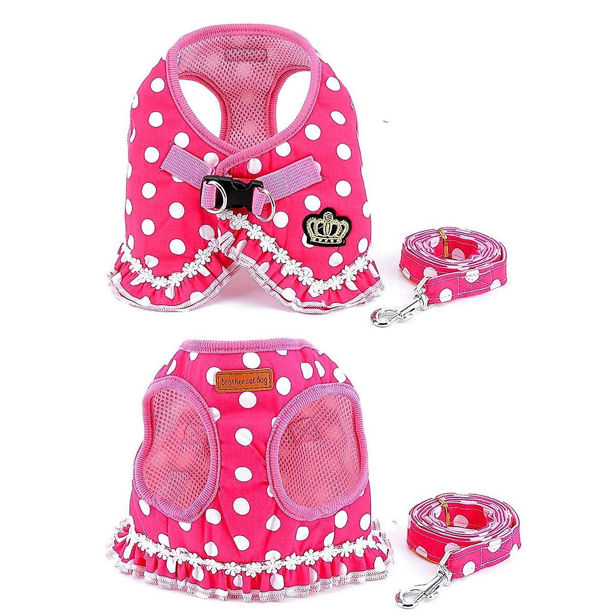 BARKLESS Cute Small Dog Harness, Ladies Polka Dots Dog Vest Harness Set with Pink Leash and Bowknot Collar, 3 in 1 Girl Style Vest Harness Set for Puppy and Cat (XL, Pink)