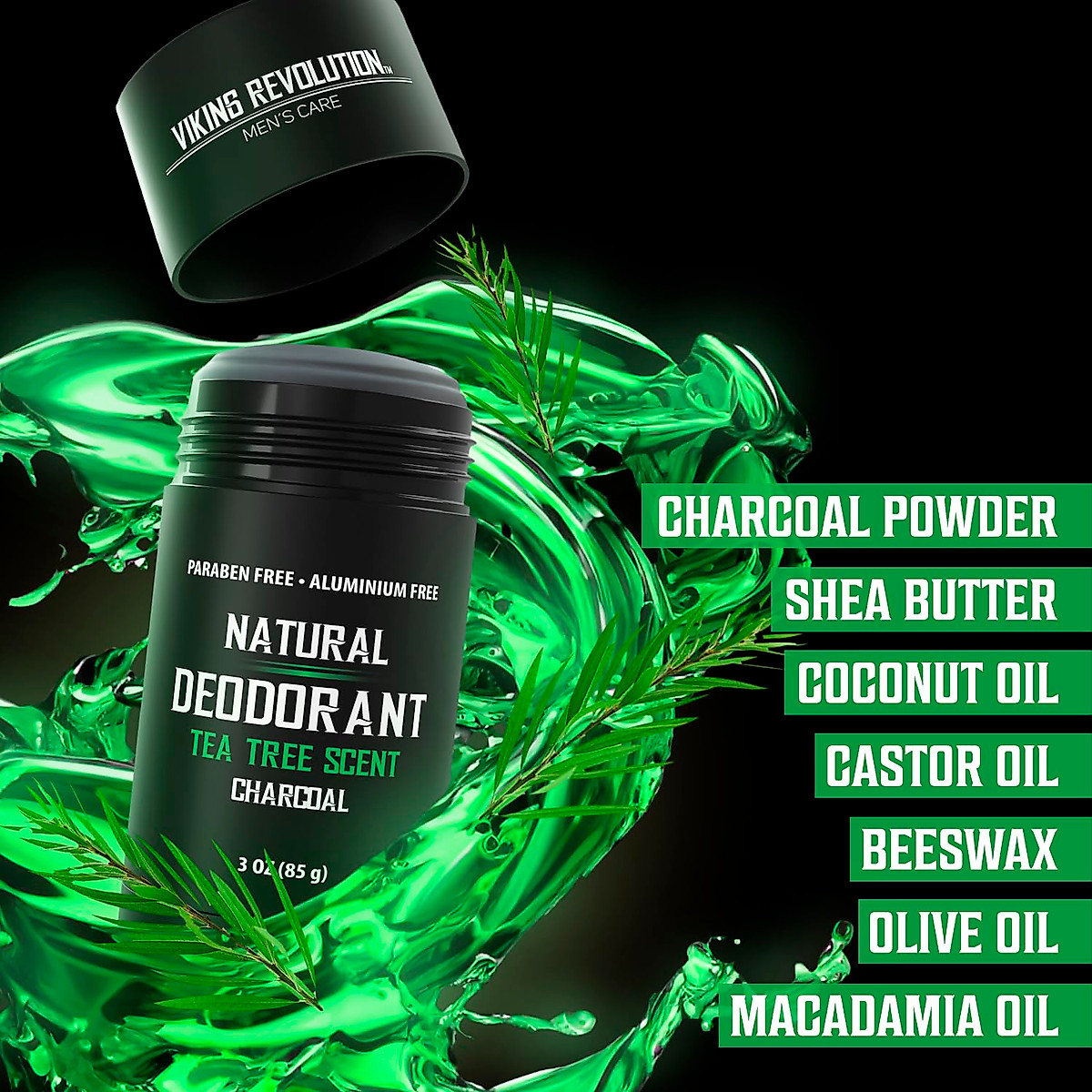 Viking Revolution Tea Tree Deodorant for Men - Natural Deodorant for Men Charcoal Deodorant Men with Shea Butter, Coconut Oil, Baking Soda, Beeswax - Mens Deodorant Aluminum Free (3oz)