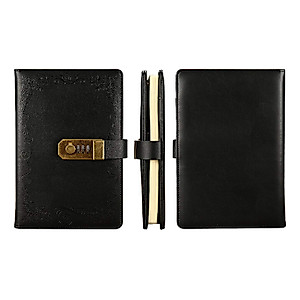 IPENNY A5 Vintage Leather Journal with Combination Lock Digital Password Journal with Bookmark Pen Loop Retro Privacy Notebook Writing Travel Diary Locking Journal, 100 Sheets (#1,Black)