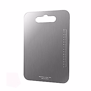 DELILONG This stainless steel cutting board is perfect for cutting cheese, chopping vegetables, and slicing pizza. It's also great for camping trips.
