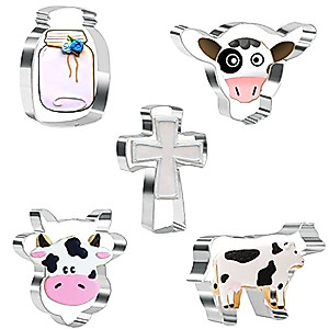 Crethinkaty Cow Cookie Cutter Set - 5 Pieces Stainless Steel Cookie Cutters Milk Bottle,Cow,Longhorn,Cow Head and Holy Cross for Biscuit, Fondant