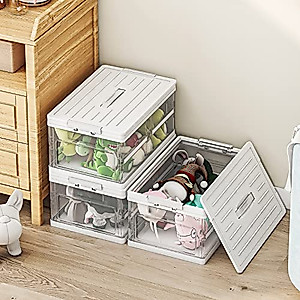 Wisdom Star 2 Pack Collapsible Storage Bins with Lids, Clear Plastic Foldable Storage Box, Stackable Storage Containers for Organizing, White
