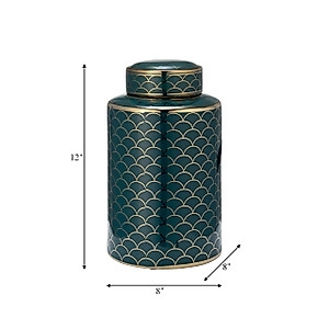 12" Jar with Lid - Modern Ceramic Dark Green and Gold Crackle Design Stoneware - Decorative Jar for Home or Office Accent