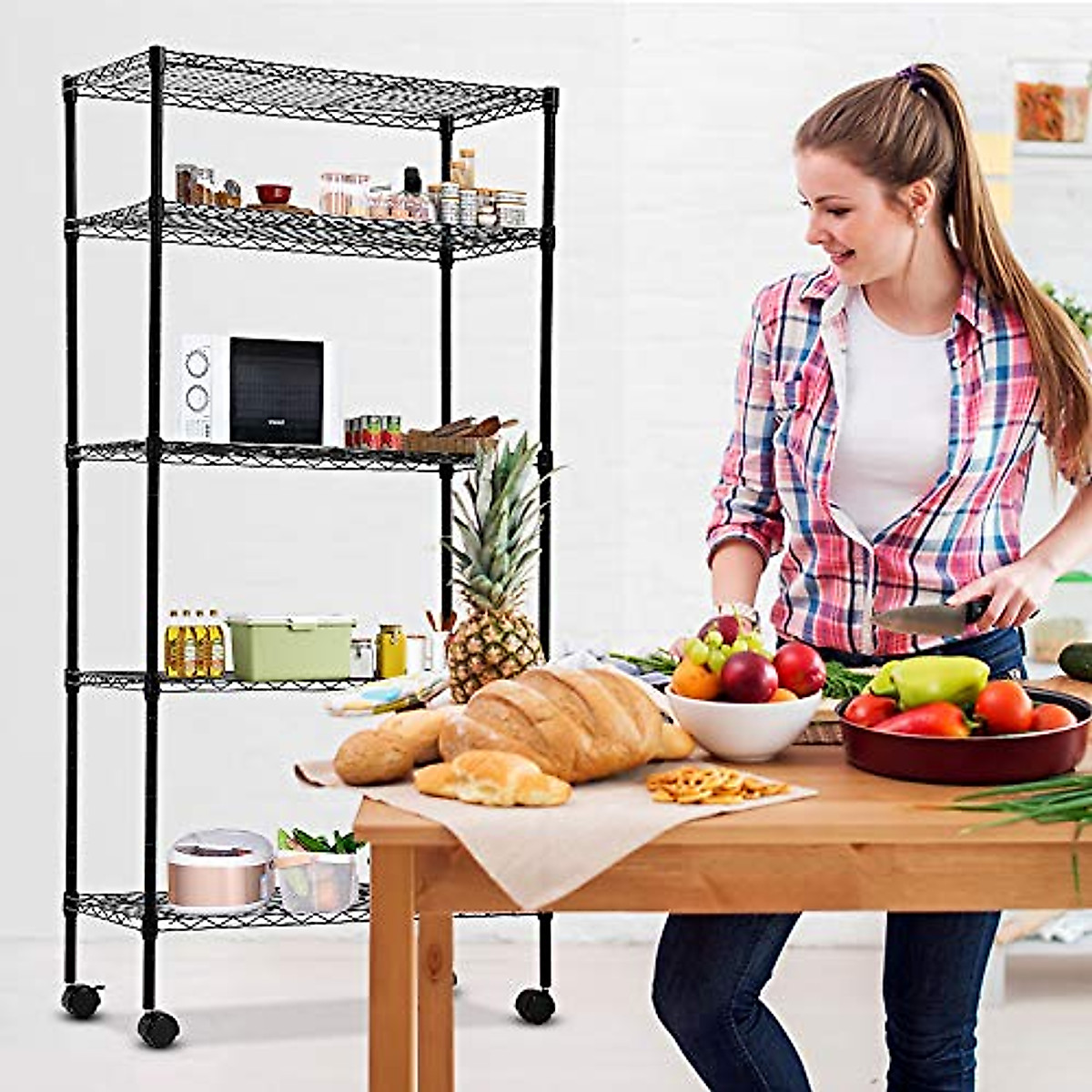 5 Tier Wire Shelving Unit Storage Metal Shelf Standing Shelf Units NSF Heavy Duty Height Adjustable Garage Shelving 14" W x 30" L x 60" H with Wheels Large Commercial Shelving Black