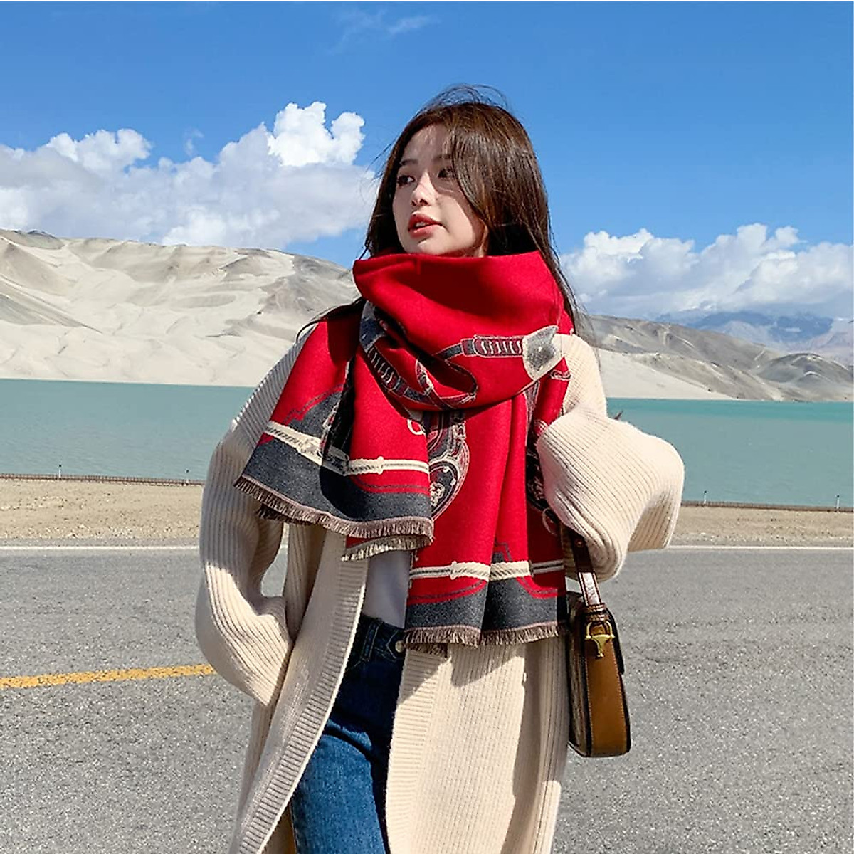 Women's Blanket Chunky,Pashmina Shawls Wraps Oversized Winter & Fall Warm Scarfs Soft Cashmere Feel for Girls and Women (Red-Carriage)