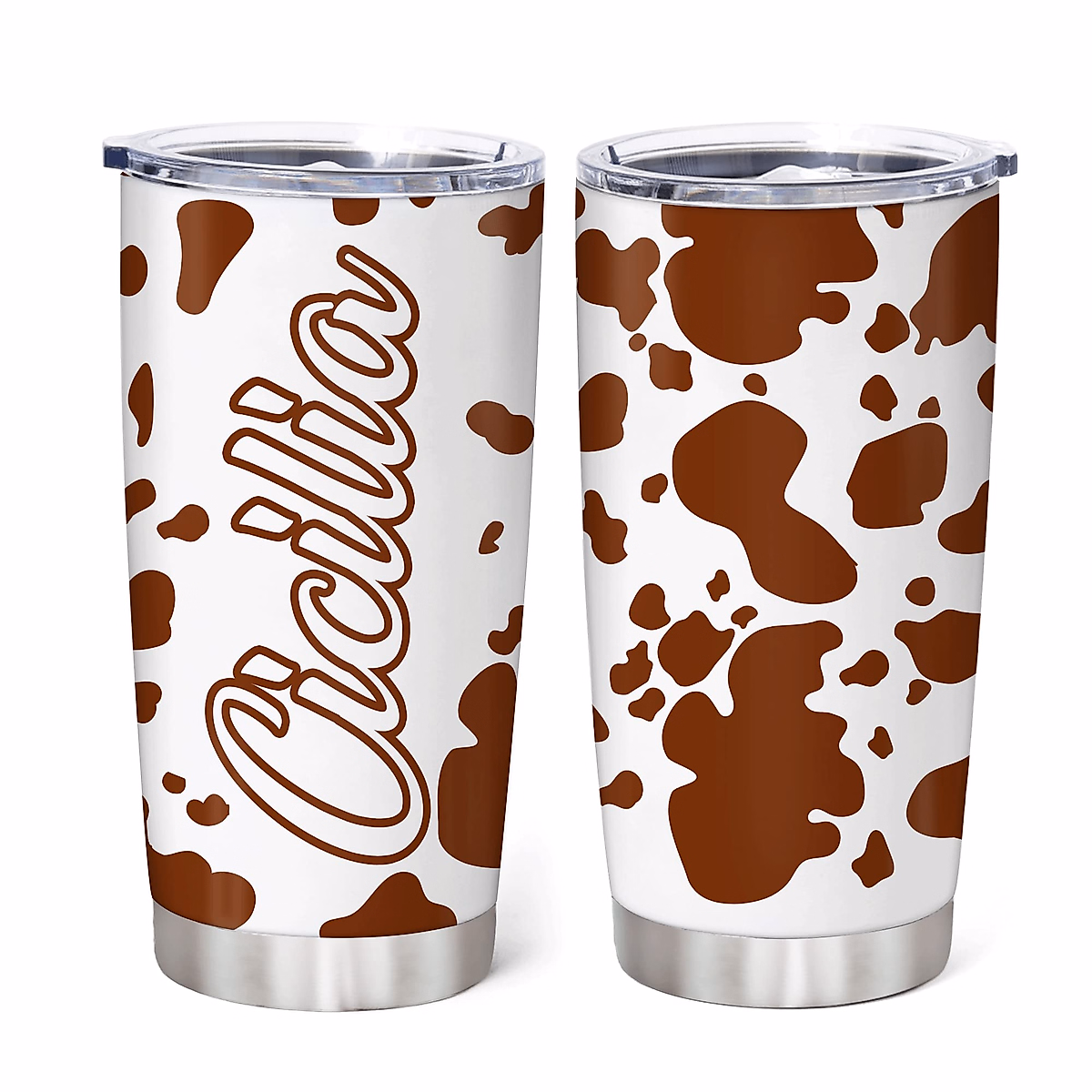 Hyturtle Personalized Gifts For Cow Lover - Birthday Christmas - Brown Dairy Cow Print Custom Name Stainless Steel Tumbler 20oz With Straw Lid - Farm Lover Gifts For Her Women Girl Daughter Friend