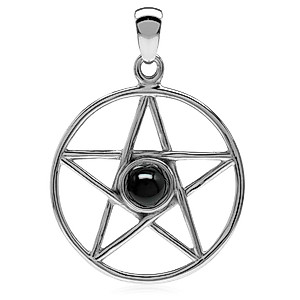 Silvershake Natural Black Onyx Stone 925 Sterling Silver Wiccan Pentagram Star Pentacle Necklace Pendant Jewelry for Women