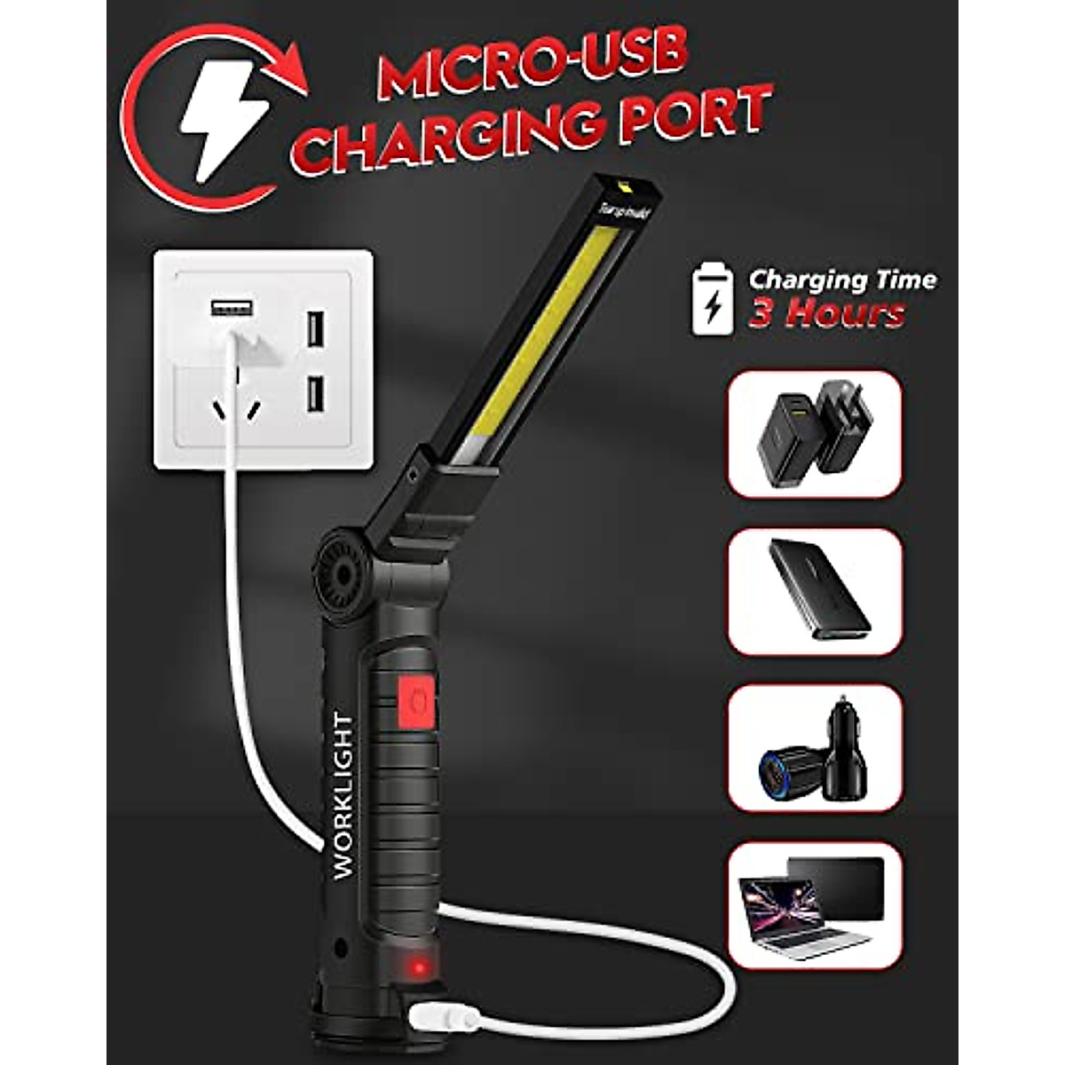 Coquimbo Tool Gifts for Men, Rechargeable LED Work Lights Grill Light Flashlights with Magnetic Base 5 Modes 360° Rotate(2pack Black)