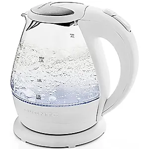 OVENTE Lighted Electric Glass Kettle 1.5 Liter with Blue LED Light and Stainless Steel Lid, Fast Heating Countertop Tea Maker Hot Water Boiler with Auto Shut-Off & Boil Dry Protection, White KG845W