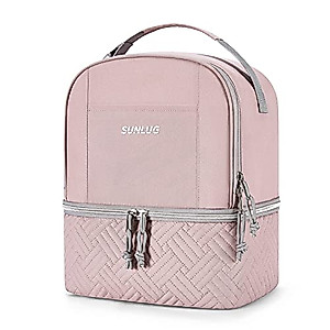 SUNLUG Large Lunch Bag for Women Insulated Lunch Box Double Deck Lunch Tote Reusable Pink Lunchbox for Office Work Picnic 13.5L