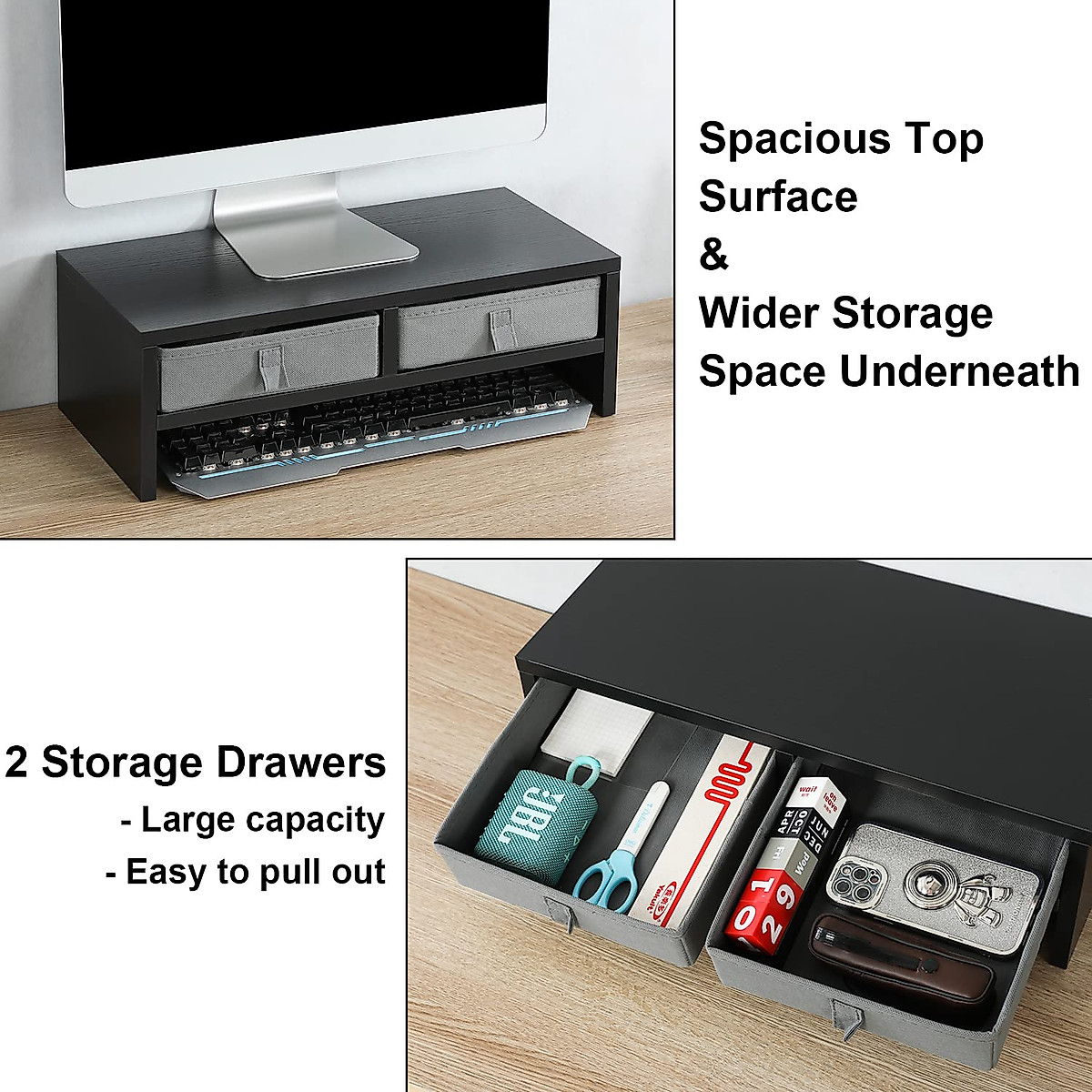 TEAMIX 2 TIer Monitor Stand Riser, 20 inch Monitor Riser with 2 Drawers, Laptop/TV Riser Computer Stand with Keyboard Storage, Desk Organizer for Home Office