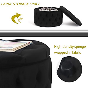 Homebeez 28 Inch Round Velvet Storage Ottoman, Button Tufted Footrest Stool Coffee Table for Living Room, Black