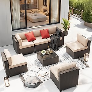 Patiomore 7-Piece Outdoor Patio Sectional Sofa Sets, Black Brown PE Wicker Furniture Set with Glass Coffee Table, Brown Cushion