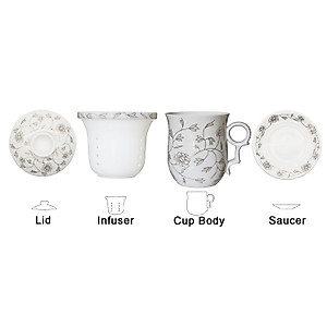 Ameolela Porcelain Tea Cup with Infuser Lid and Saucer Sets - Chinese Jingdezhen Ceramics Coffee Mug Teacup Loose Leaf Tea Brewing System for Home Office