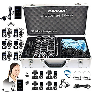 EXMAX® ATG-100T 195MHz Wireless Tour Guide Monitoring Voice Audio Transmission System+Aluminium Charging Case for Teaching Tour Guides Conference Church Museum(1 Transmitters and 30 Receivers)