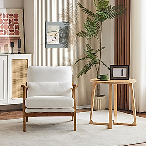 Karl home Accent Chair Wide Armrest Mid-Century Lounge Chair Teddy Fleece Armchair with Lumbar Pillow & Solid Wood Frame for Living Room, Bedroom, Balcony, White