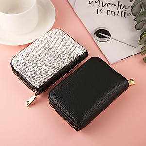 AsAlways RFID Rhinestone Credit Card Holder Multilayer Zipper Case Bling Crystal Slim Small Wallet for Women