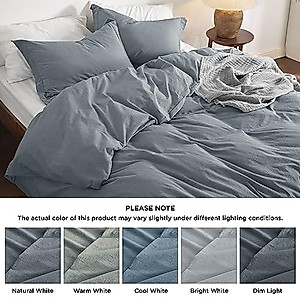 Bedsure 100% Washed Cotton Duvet Cover Queen - Grey Blue Minimalist Cotton Duvet Cover Set Linen Like - 3 Pieces Plain Simple Cotton Duvet Cover Set with 2 Pillow Shams (Grey Blue, Queen, 90"x90")