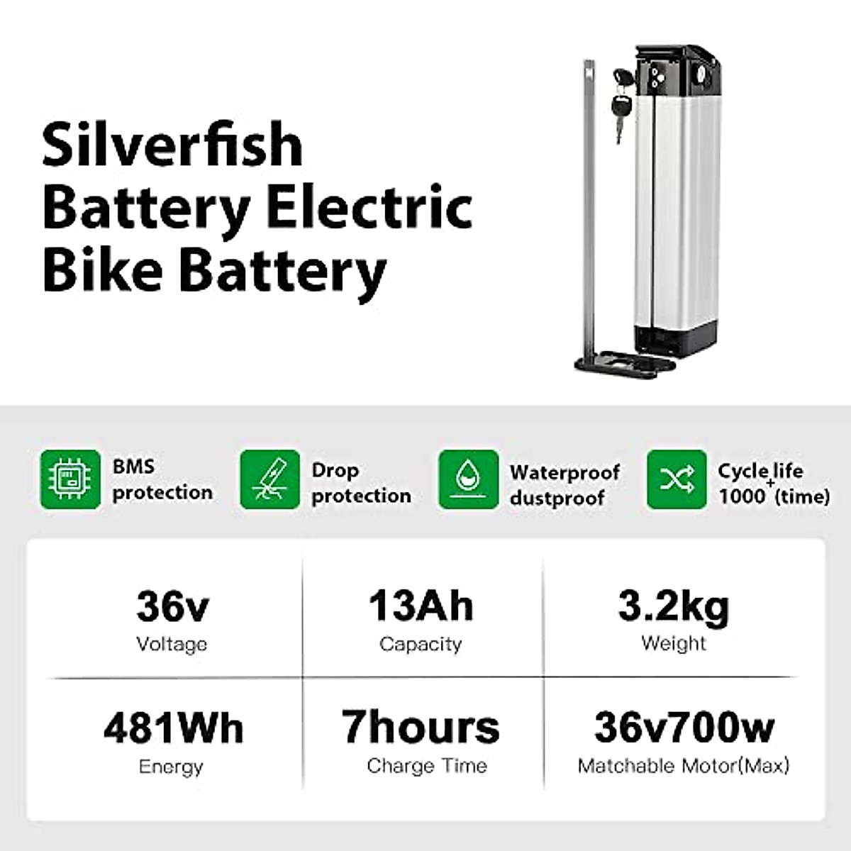 Yose Power 36V13Ah Ebike Battery, XH370-10J Silver Fish Lithium-ion Pedelec Battery with Charge for 250W/350W/500W Electric Bike Bicycles Folding Bike Mountain Bike Motor (US Warehouse) …
