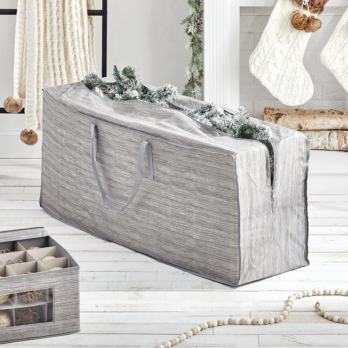 mDesign Extra Large Christmas Tree Storage Bag with Handles - Zippered Storage Tote - Durable Storage Container For Artificial Christmas Tree, Wreaths, Garland and Holiday Decor - Striped, Taupe/Tan