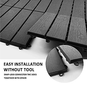 Hugeleaf 6 Pack Deck Tiles 12.2” x 12.2” Plastic Outdoor Flooring, Interlocking Deck Tiles Outdoor Waterproof All Weather Patio Tiles for Balcony, Porch, Poolside (Black)