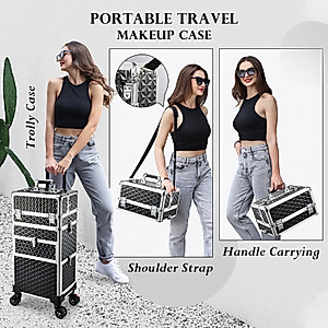 Joligrace Rolling Makeup Case with Wheels Professional Cosmetology Large Train Case Wheeled Cosmetic Trunk with 8 Divided Trays for Makeup Artist, Hair Stylish or Home Use - Black