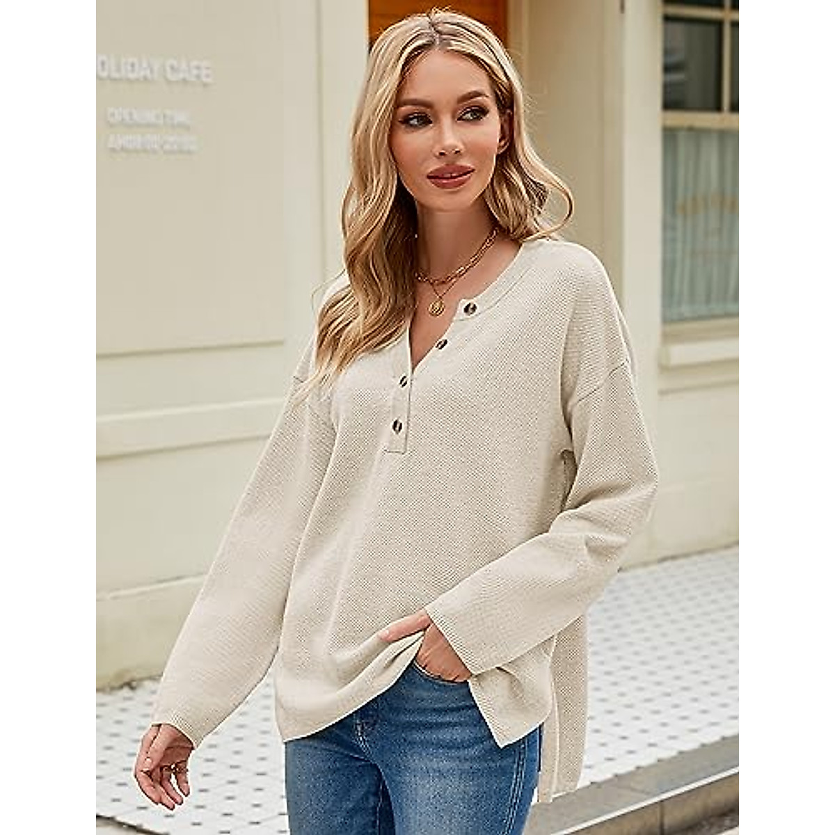 KTILG Pullover Sweaters for Women Oversized Sweater Side Slit Long Sleeve Loose V Neck Button Henley Tops Pullover Knit Jumper Beige, M