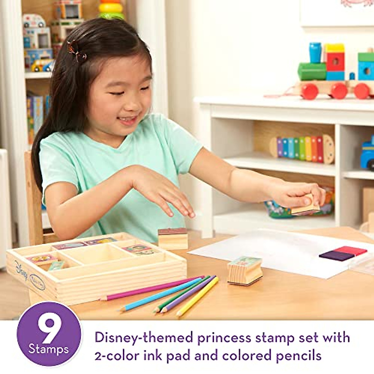 Melissa & Doug Disney Princess Wooden Stamp Set: 9 Stamps, 5 Colored Pencils, and 2-Color Stamp Pad With Washable Ink For Kids Ages 4+