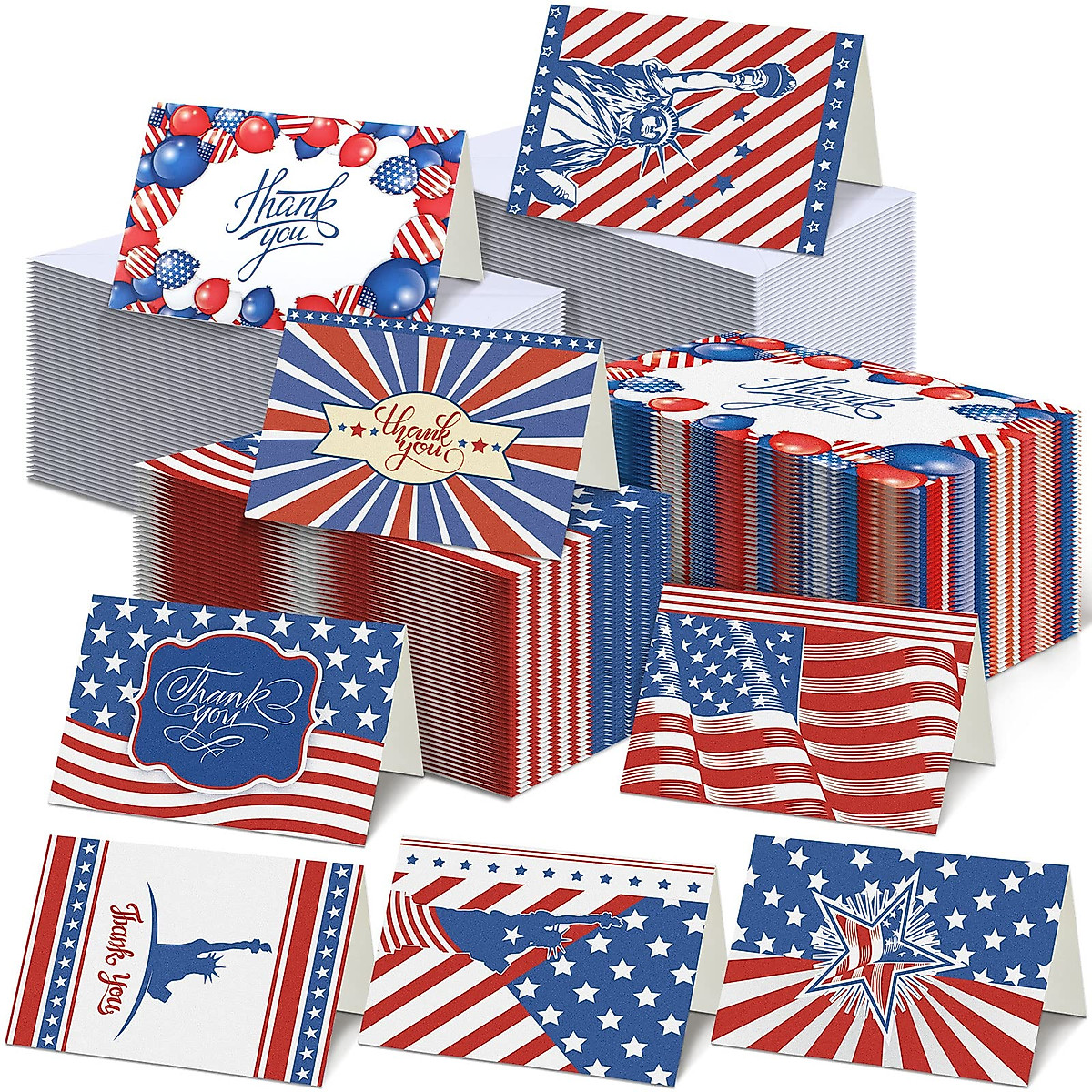 Ctosree 160 Sets Patriotic Thank You Cards with Envelopes Include 160 Pcs Bulk American Flag Notecards with 160 Pcs White Envelopes American Flag Greeting Cards for Veterans Memorial Independence Day