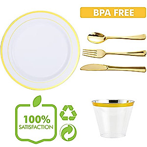 Vplus 600 Count Gold Dinnerware Set, 200 Plastic Plates, Set of 300 Silverware, 100 Cups, Disposable Gold Plastic Dinnerware for Party or Wedding