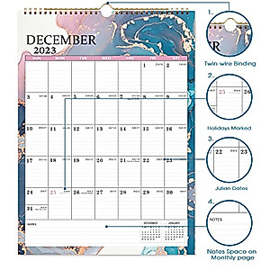 Calendar 2023-2024 - Wall Calendar 2023-2024, 12" x 17", January 2023 - June 2024, 2023 Wall Calendar with 18 Month, Thick Paper,Twin-Wire Binding + Hanging Hook + Large Blocks with Julian Dates - Black Waterink