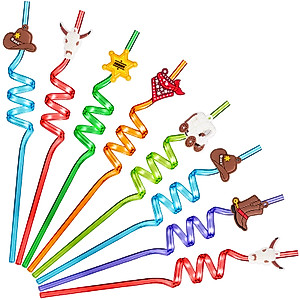 24 Pieces Western Cowboy Party Favors Cowgirl Straws Reusable Drinking Plastic Straws Kids Western Party Supplies for Birthday Baby Shower