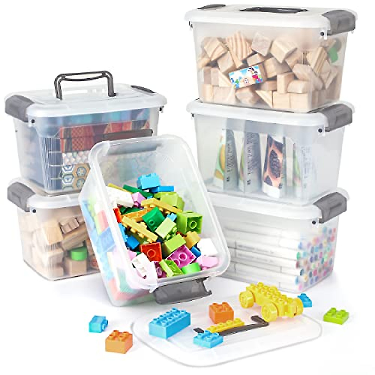 Citylife 6 Packs 5.3 QT Storage Bins with Lids Clear Plastic Bins with Grey Handle Stackable Storage Containers for Organizing