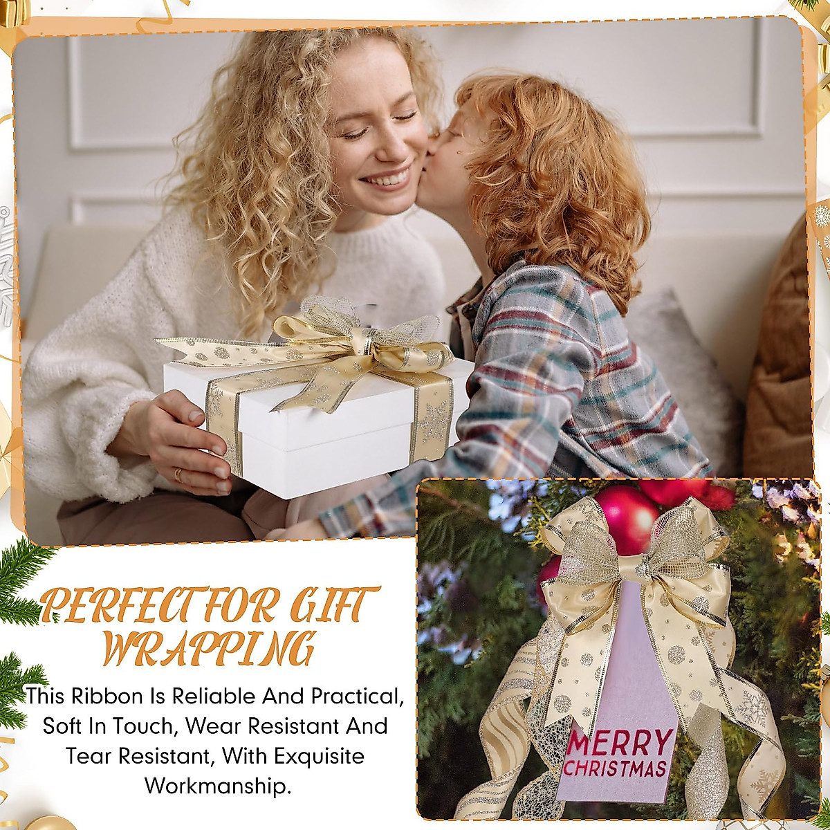 Jutom 6 Rolls Champagne Christmas Ribbon Wired 1.5 Inch Gold Christmas Tree Ribbon Glitter Mesh Ribbon Satin Snowflake Ribbon for Crafts, Gift Wrapping, Tree, Wreaths, Garland Total 36 Yard