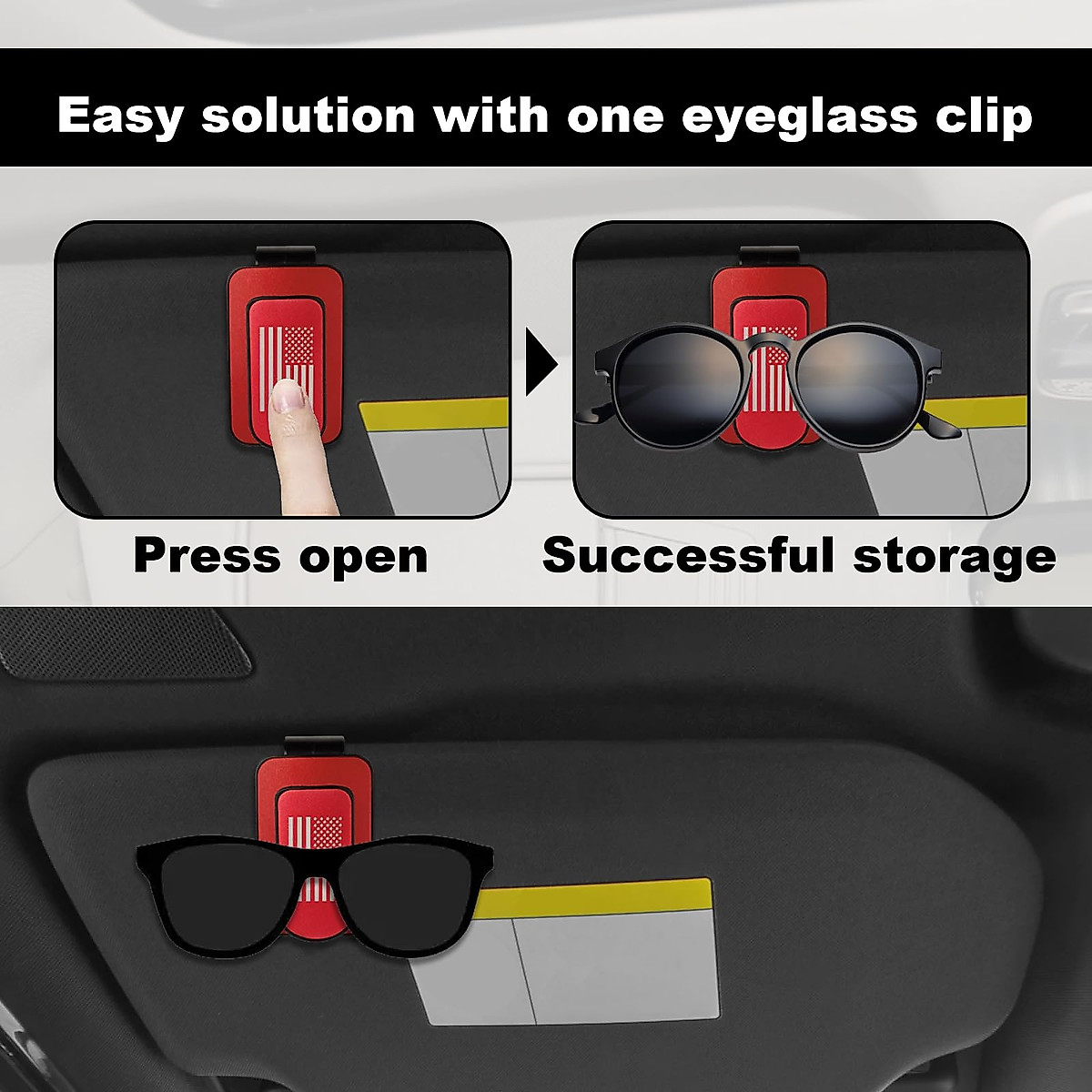 Sunglass Clip for car Visor, Multi-Function Ticket Card Clip, Automotive US Flag Car Accessories Ticket Card Glasses Clip for Car SUV Truck (Black/Red)