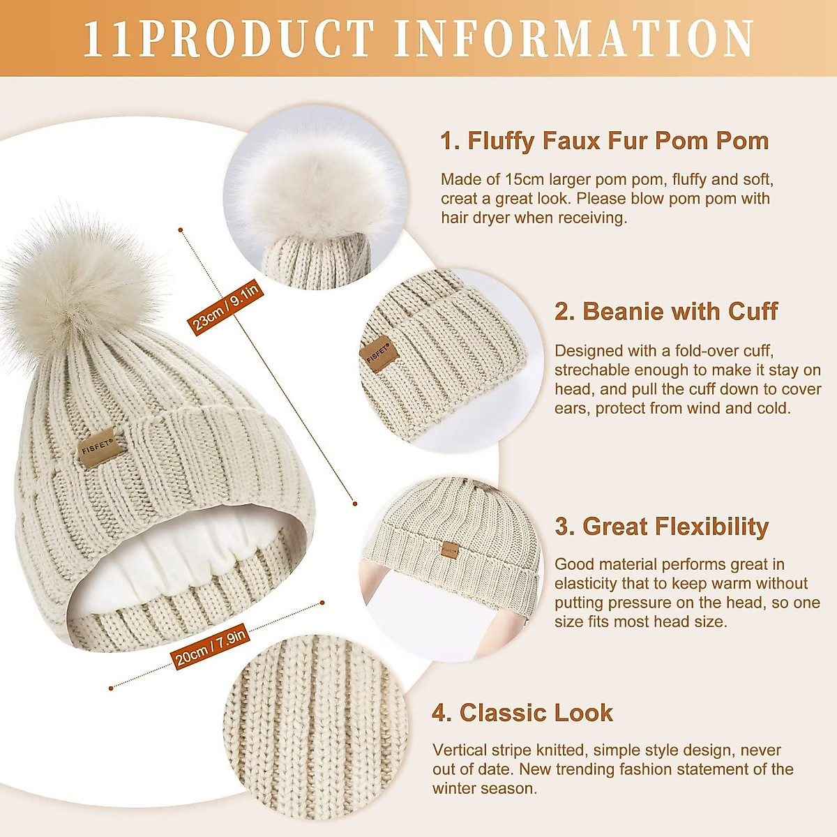 Womens Fleece Lined Winter Hat, Scarf and Glove Set - With Pom Pom Beanie, Long Scarf and Touchscreen Gloves (Oatmeal)