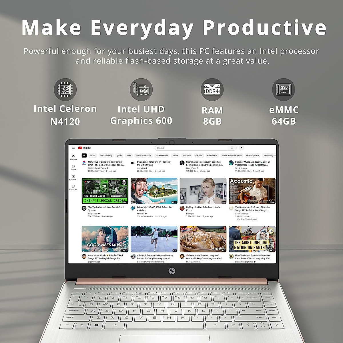 HP Premium Stream 14" HD BrightView Laptop, Intel Celeron N4120, 8GB RAM, 64GB eMMC, Intel UHD Graphics, HD Webcam, 1 Year Office 365, Bluetooth, WiFi, HDMI, Win 11s, Gold, 32GB Hotface USB Card