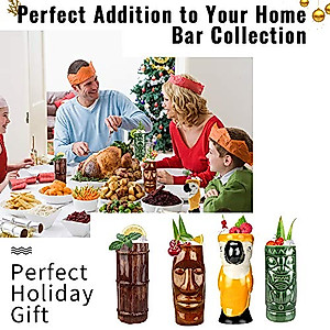 Tiki Mugs Cocktail Set of 4 - Large Ceramic Hawaiian Party Mugs Drinkware, Cute Exotic Cocktail Glasses, Tiki Bar Professional Hawaiian Party Barware, TKSET0001