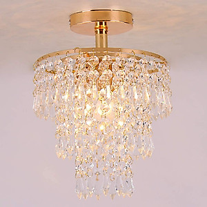 FRIXCHUR Mini Size Crystal Chandelier Modern Flush Mount Ceiling Light 3 Tiers Raindrops Crystal Pendant Lighting Fixture Decoration for Bedroom Hallway Living Room,E26 Base,Gold
