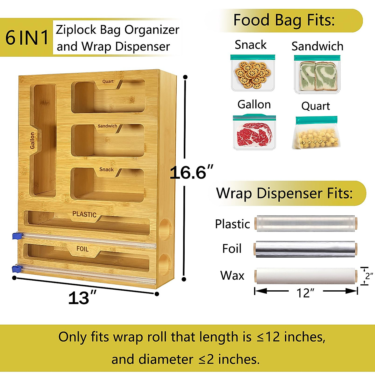 HILELIFE Bamboo Ziplock Bag Organizer for Drawer, Foil and Plastic Wrap Organizer, 6 In 1 Plastic Bag Organizer for Drawer, Baggie Organizer for Drawer