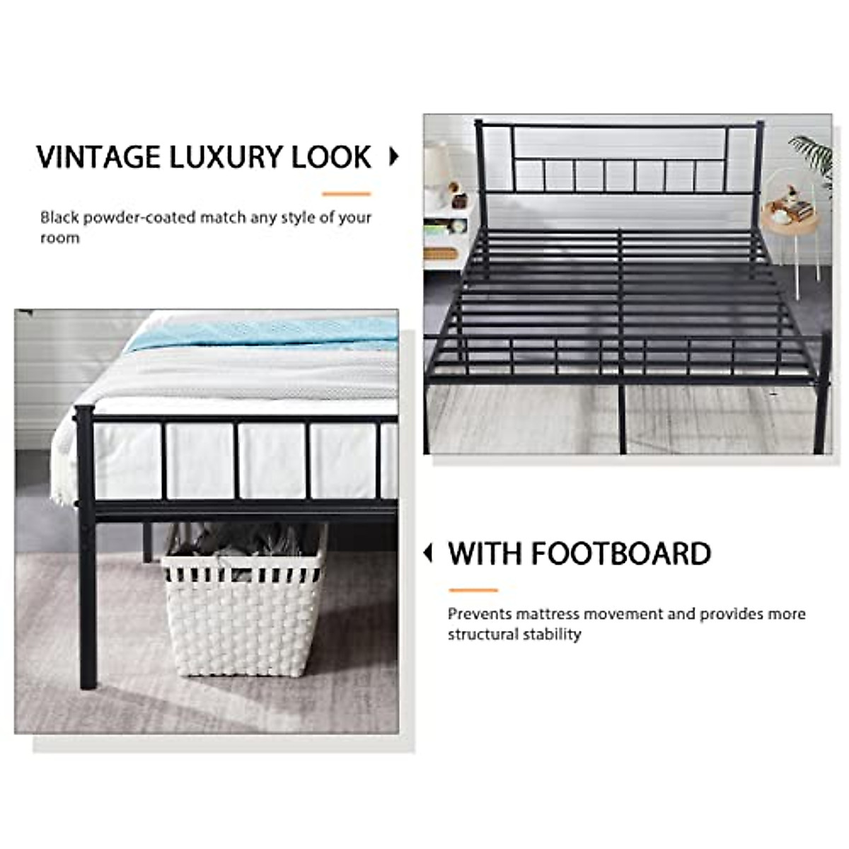 Haiput Wam Black Queen Bed Frame with Headboard and Footboard, Black Metal Bed Frame Queen Noise-Free, Farmhouse Bed Frame No Box Spring Needed, Easy Assembly, Queen