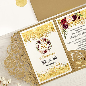 DORIS HOME 50pcs Laser Cut Wedding Invitations with Envelopes Gold, 4.7x7.1 Blank Invitation Cards for Wedding, 50 Anniversary Invitations with Envelopes