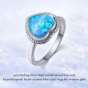 FANCIME Valentines Day Ring Gifts Sterling Silver Created Blue Opal Ring Heart Women Rings Dainty Engagement Ring for Women Size 7