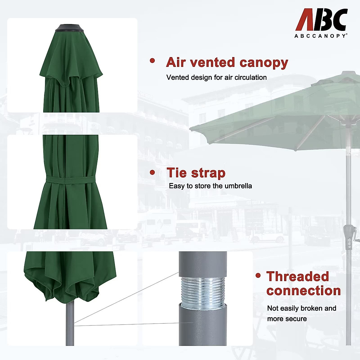 ABCCANOPY 9FT Market Umbrella 3-Year-Non-Fading OLEFIN Canopy Patio Outdoor Aluminum Table Umbrella with 8 Sturdy Ribs, Forest Green