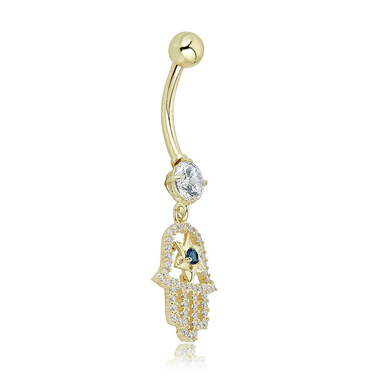 AVORA 10K Yellow Gold Simulated Diamond CZ Dangling Hamsa Belly Button Ring Body Jewelry (14 Gauge)