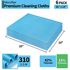 HOMERHYME Microfiber Glass Cleaning Cloth, 6 Pack Window Cleaning Cloth Glass Cleaning Towels, Reusable Lint Free Microfiber Towels for Glasses,Screens,Mirrors,Windshields & Stainless Steel,16"x14"